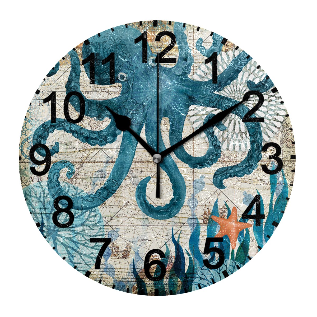 Blue Octopus Nautical Map Round Acrylic Wall Clock Non Ticking Silent ...