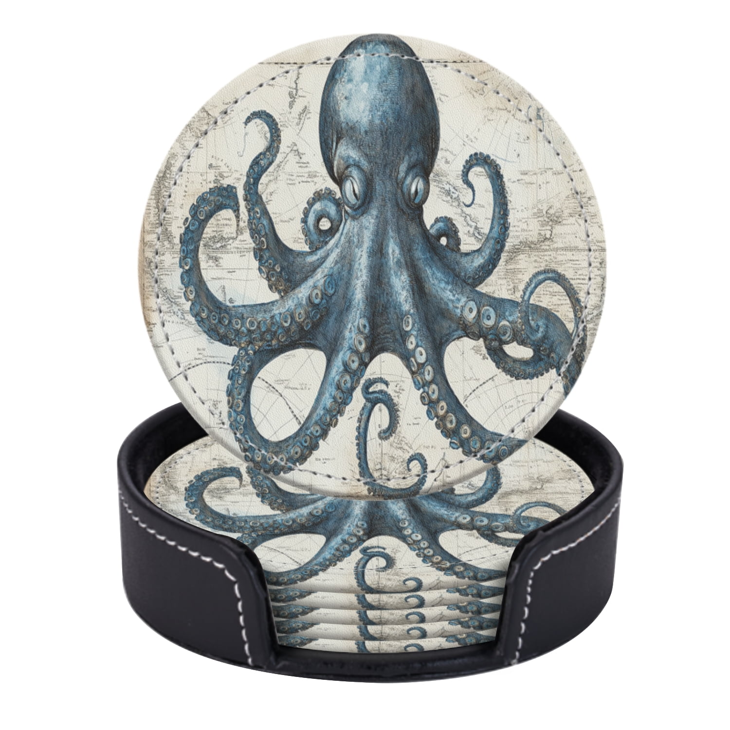 PU Leather Coasters for Drinks Bar Beer,Set of 6 with Holder,Round ...