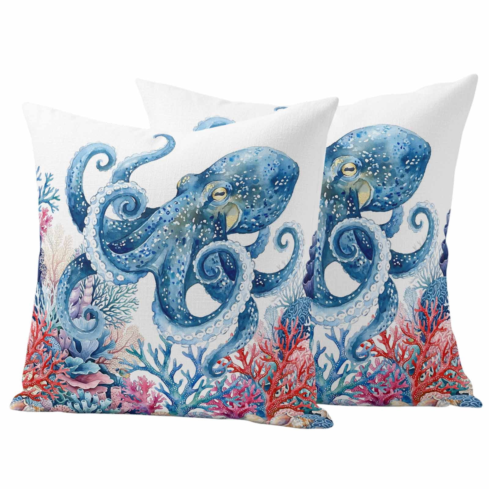 Blue Octopus Outdoor Pillow Covers Set of 2 Red Coral Shell Ocean Life ...