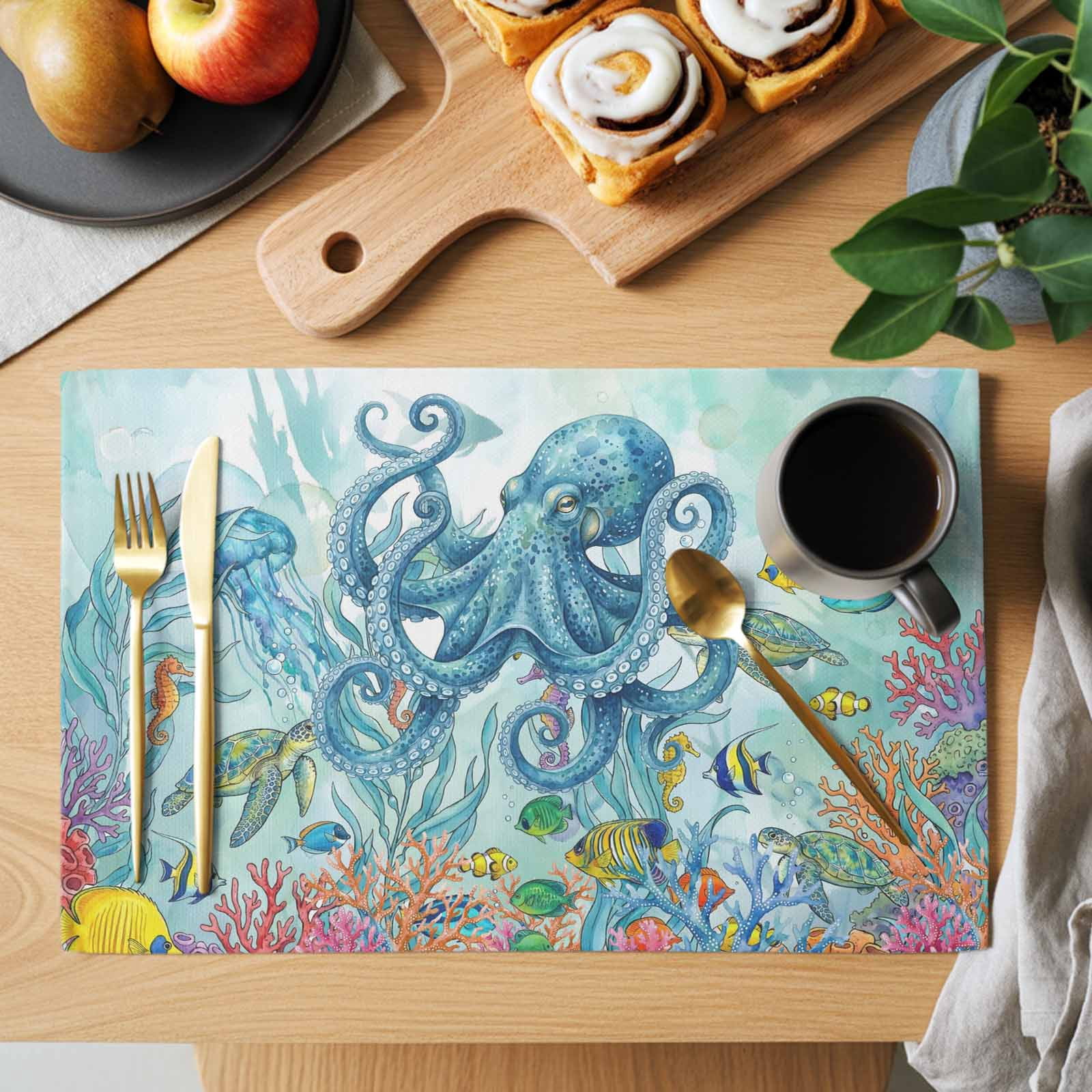 Blue Octopus Placemats Set of 2, Jellyfish Fish Turtles Color Coral ...