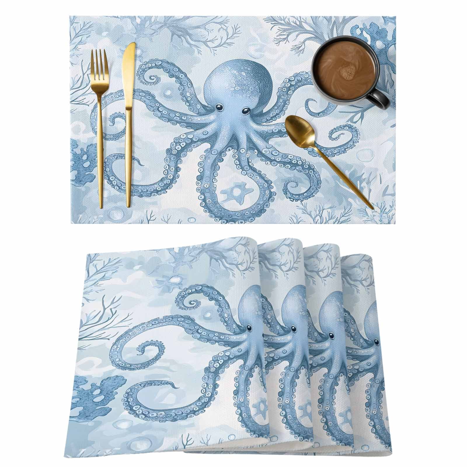 Blue Octopus Placemats Set of 6, Cotton Linen Fabric Place Mats, Summer ...