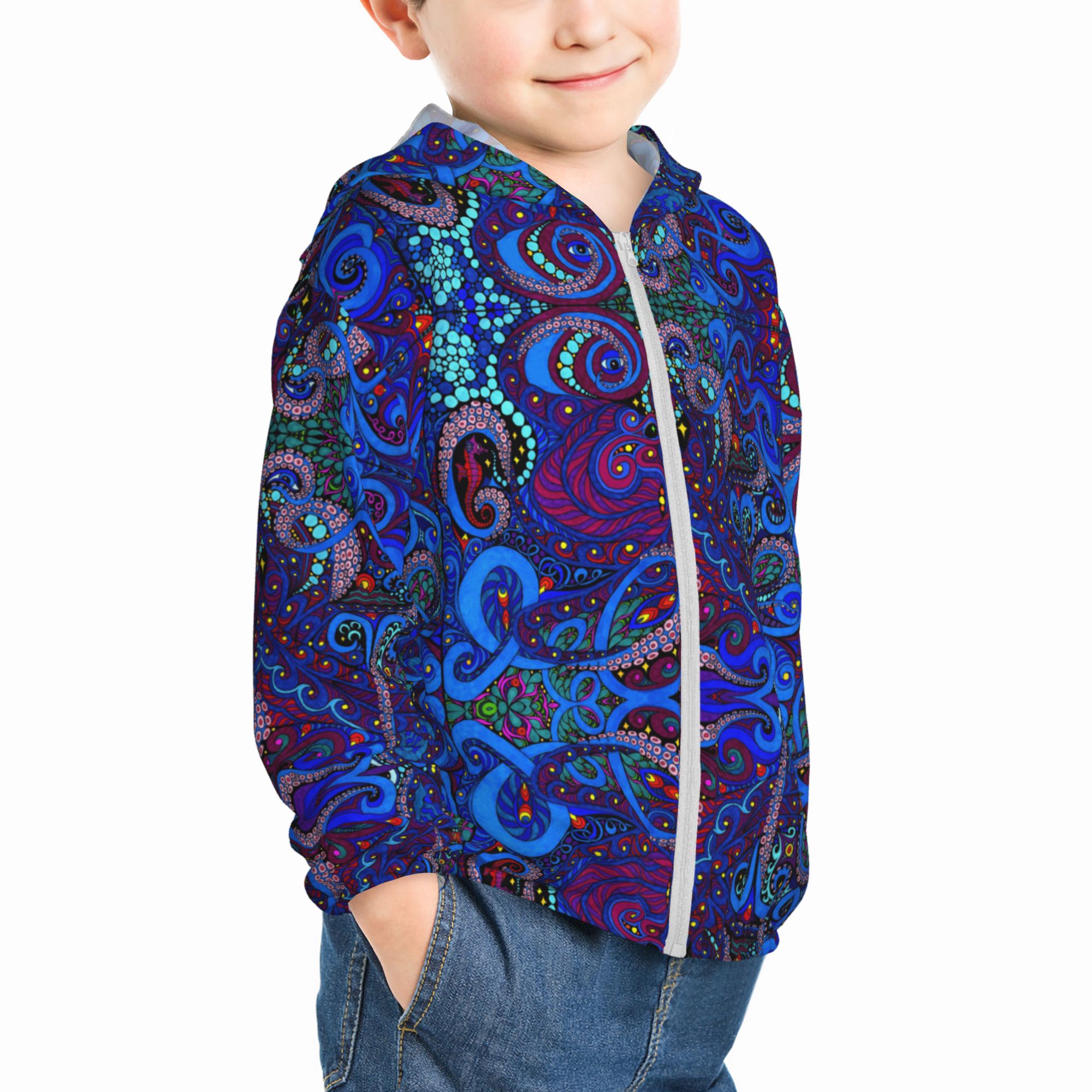 Blue Octopus Prints Kids Zip-Up Hoodie Girls Boys Sun Protection Jacket Hooded Cooling Shirt ...