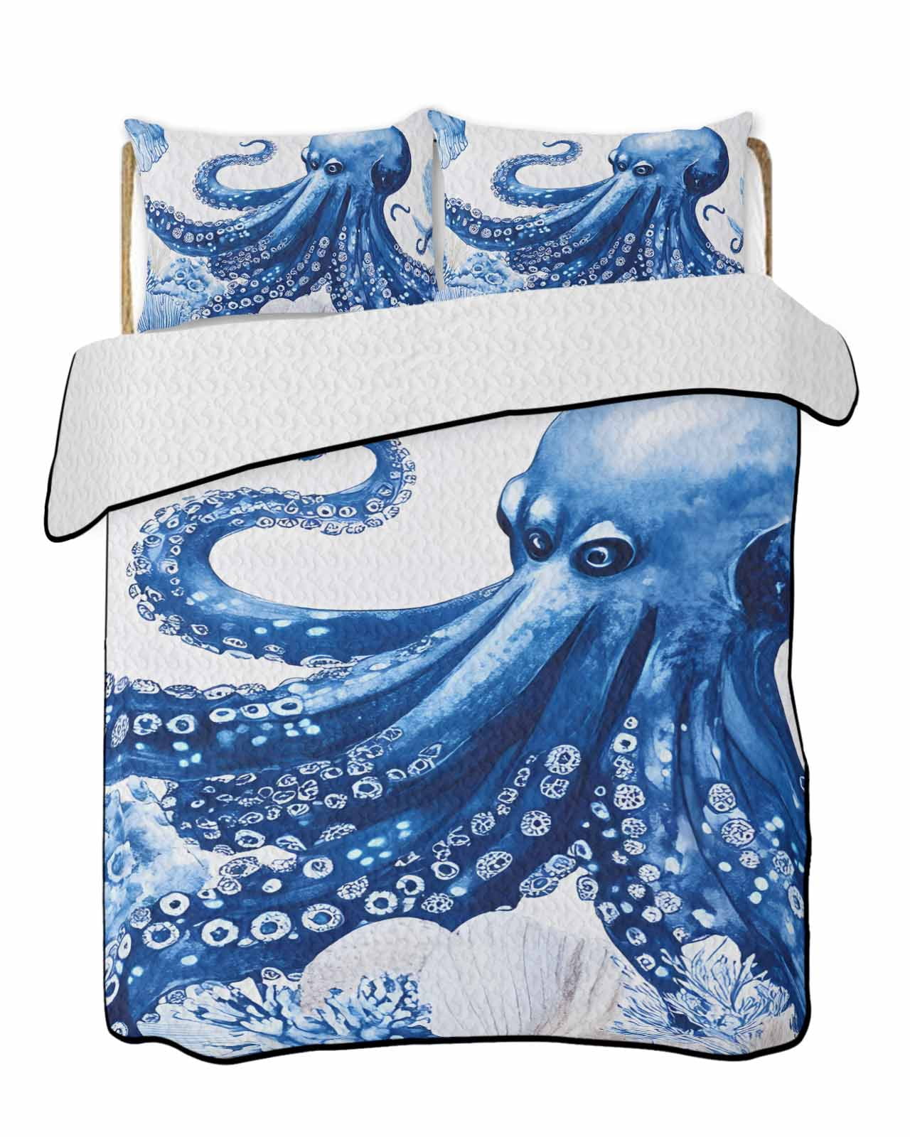 Blue Octopus Quilts Bedding Set Full Size Marine Animal Coral Shell ...