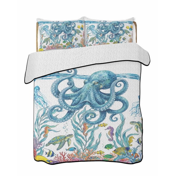 Blue Octopus Quilts Bedding Set Twin Size Jellyfish Fish Turtles Color ...