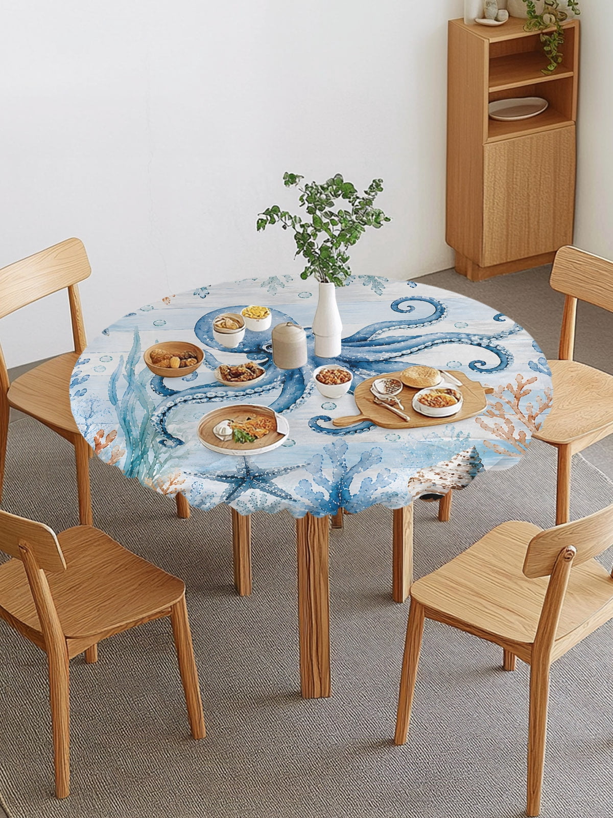 Blue Octopus Round Fitted Tablecloth with Elastic Edge, Nautical ...