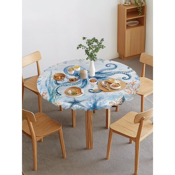 Blue Octopus Round Fitted Tablecloth with Elastic Edge, Nautical ...