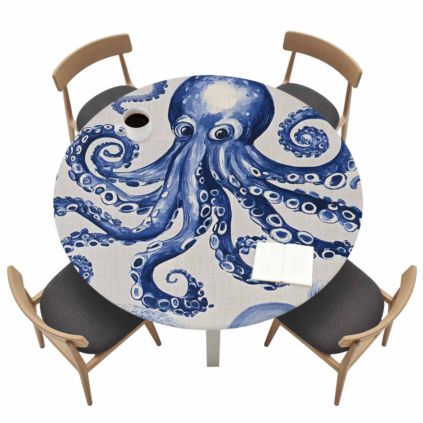 Blue Octopus Round Fitted Tablecloth with Elastic Edge Ocean Coral ...