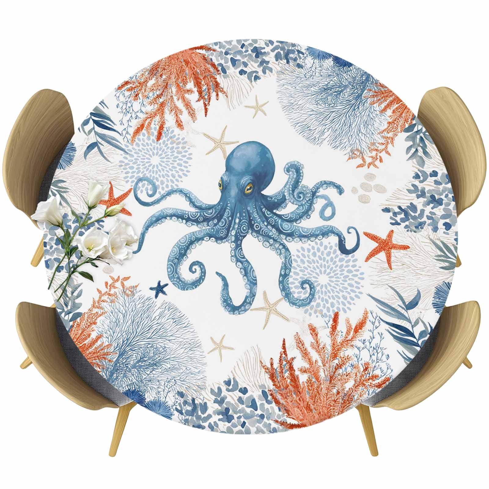 Blue Octopus Round Tablecloth 36-44 Inch Round Fitted Table Cloth with ...