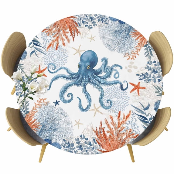 Blue Octopus Round Tablecloth 36-44 Inch Round Fitted Table Cloth with ...