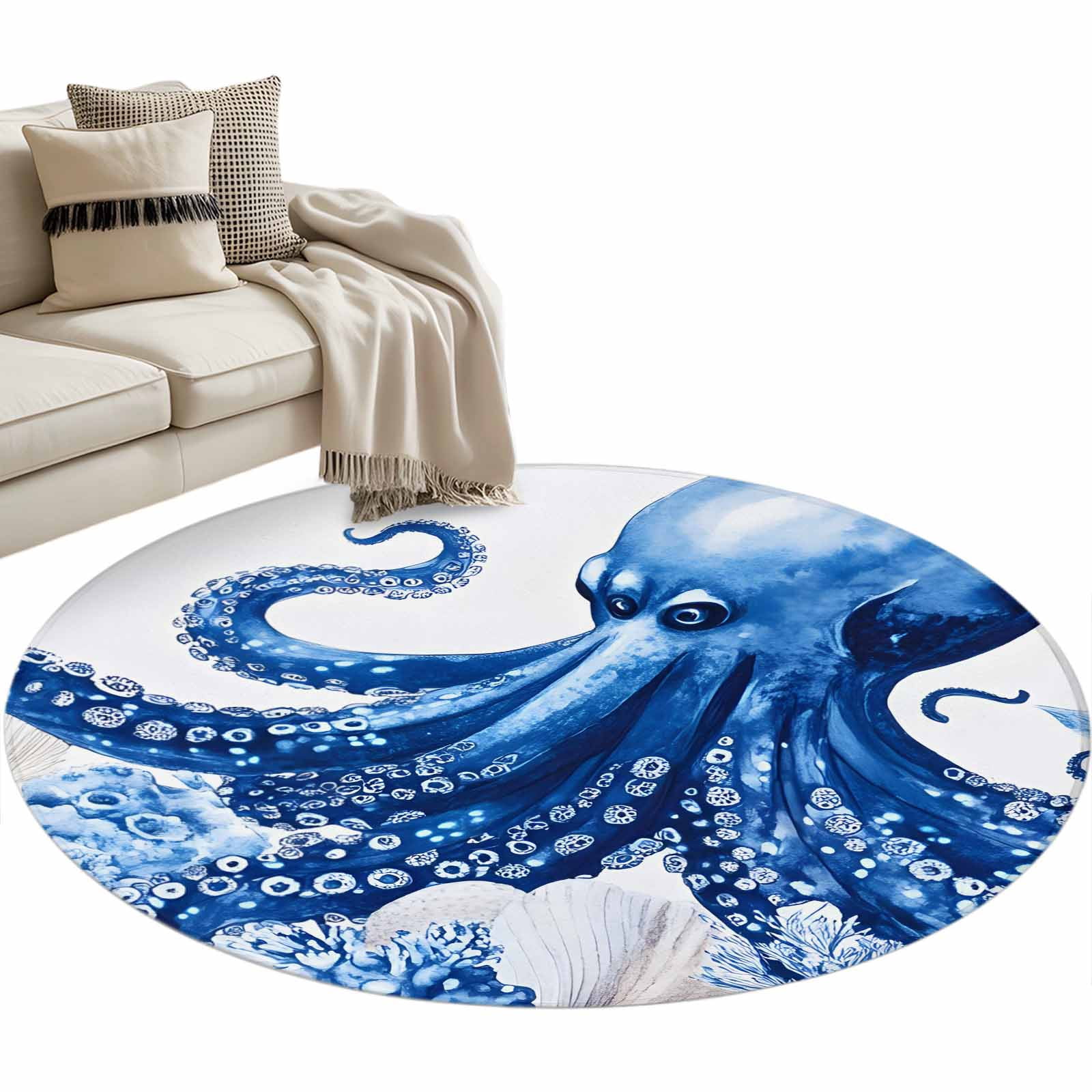 Blue Octopus Round Area Rug 4 ft Marine Animal Coral Shell Jellyfish ...