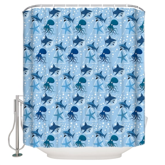 Blue Octopus Shark Bathroom Shower Curtains with 12 Hooks Waterproof ...
