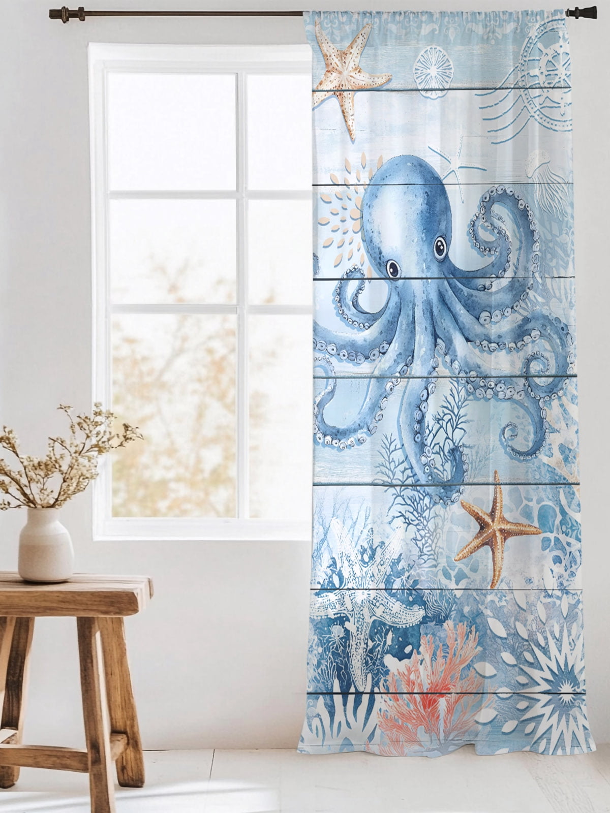 Blue Octopus Sheer Curtains 108 Inch Long 1 Panel Summer Ocean Beach ...
