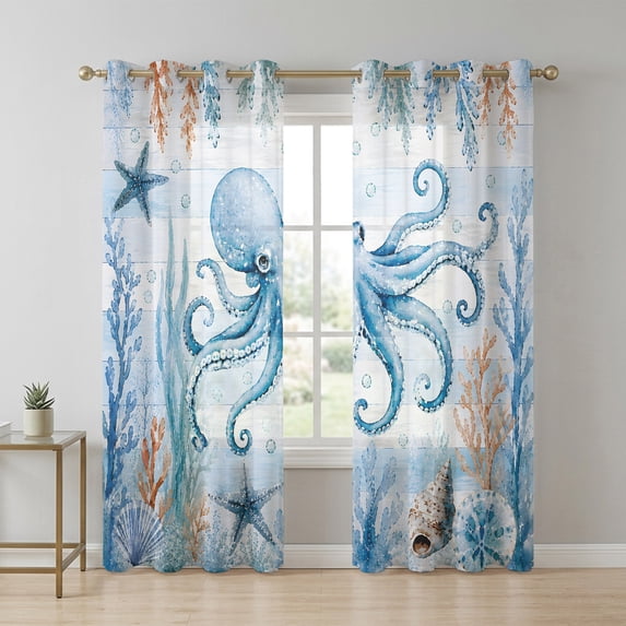 Blue Octopus Sheer Curtains 84 Inch Long 2 Panels, Nautical Coastal ...