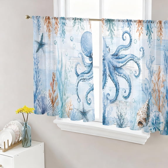 Blue Octopus Sheer Curtains for Living Room Bedroom, Nautical Coastal ...