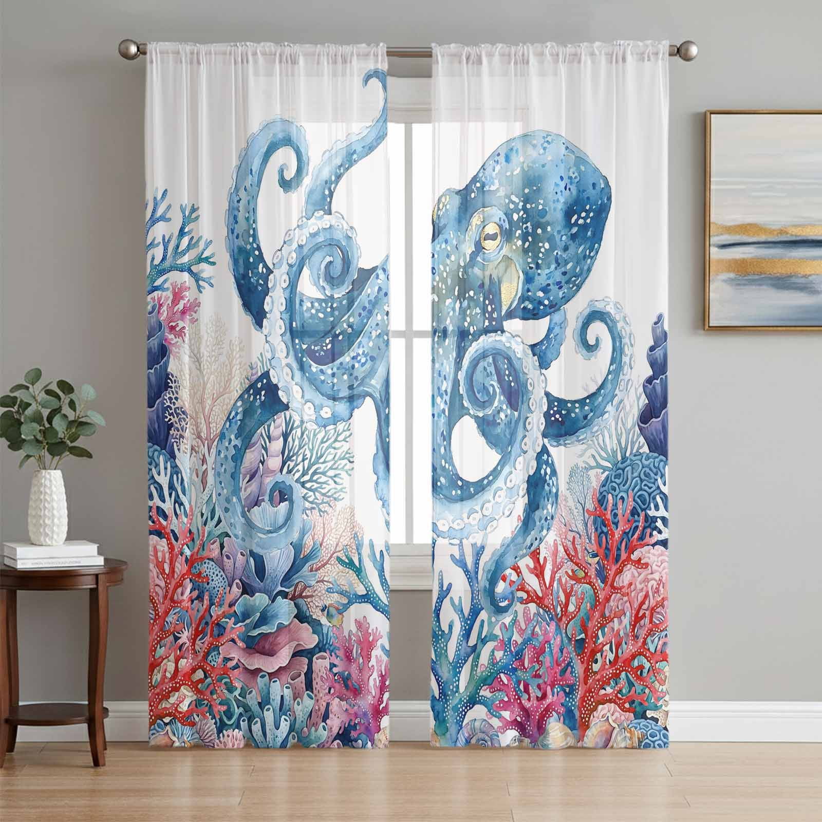 Blue Octopus Sheer Curtains for Living Room Bedroom, Red Coral Shell ...