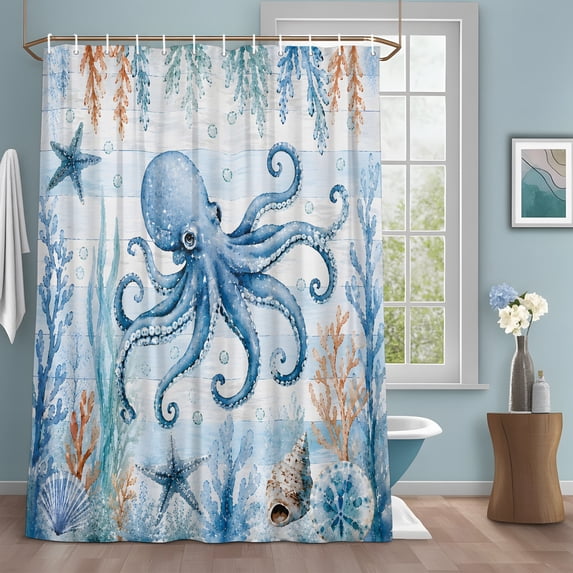 Blue Octopus Shower Curtain Set with Hooks, Nautical Coastal Shell ...