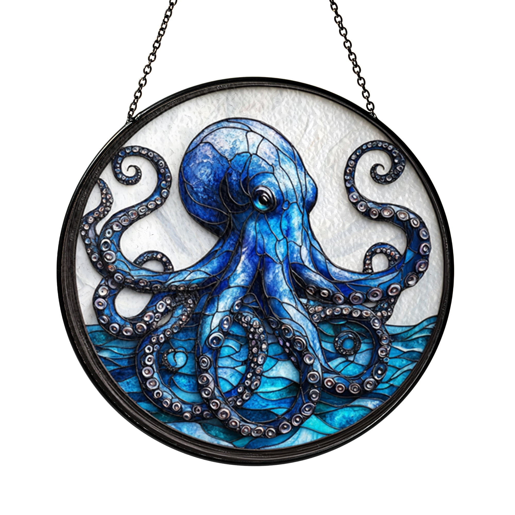 Blue Octopus Stained Glass Round Suncatcher – Nautical Coastal Window ...