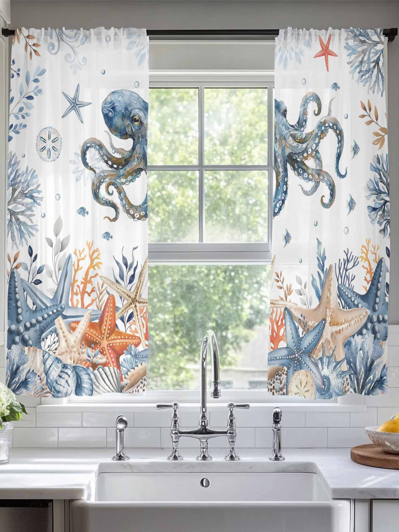 Blue Octopus Starfish Shells Conch Chiffon Sheer Curtains 72 Inches ...