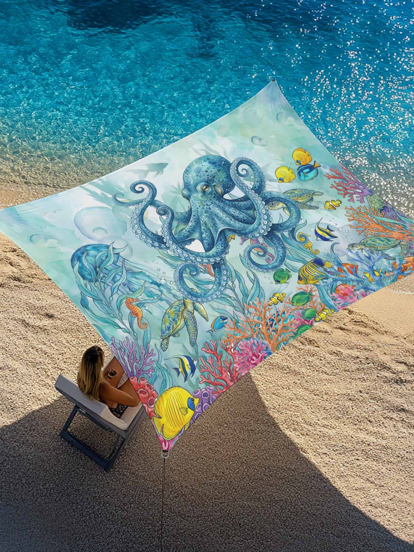 Blue Octopus Sun Shade Sail 12' x 16', Jellyfish Fish Turtles Color ...