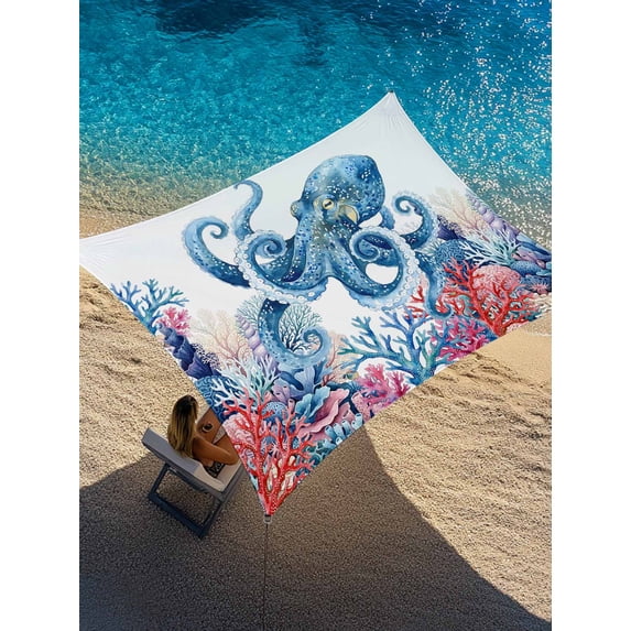 Blue Octopus Sun Shade Sail 14' x 18', Red Coral Shell Ocean Life ...