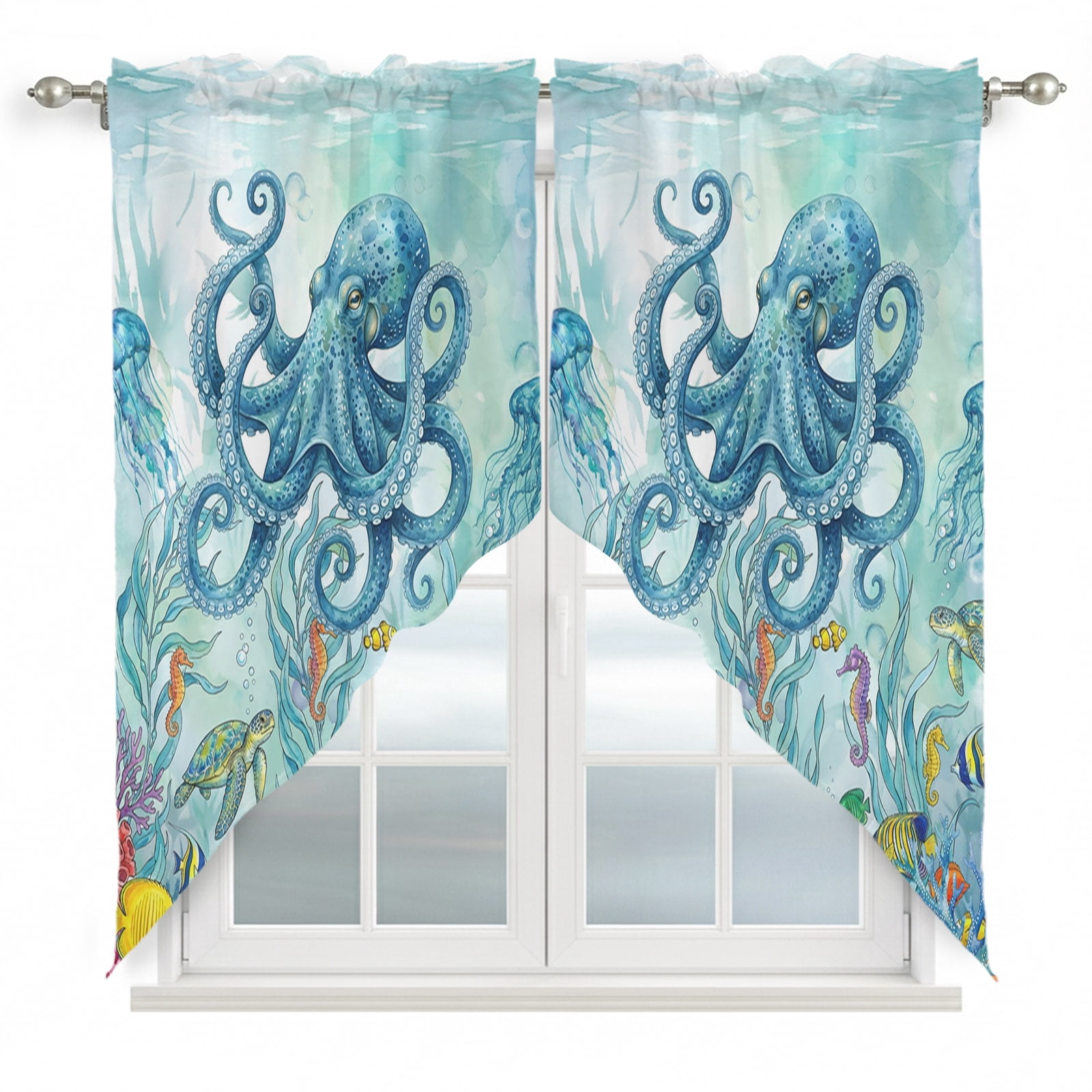 Blue Octopus Swag Curtain Valance for Window 2 Panels Jellyfish Fish ...