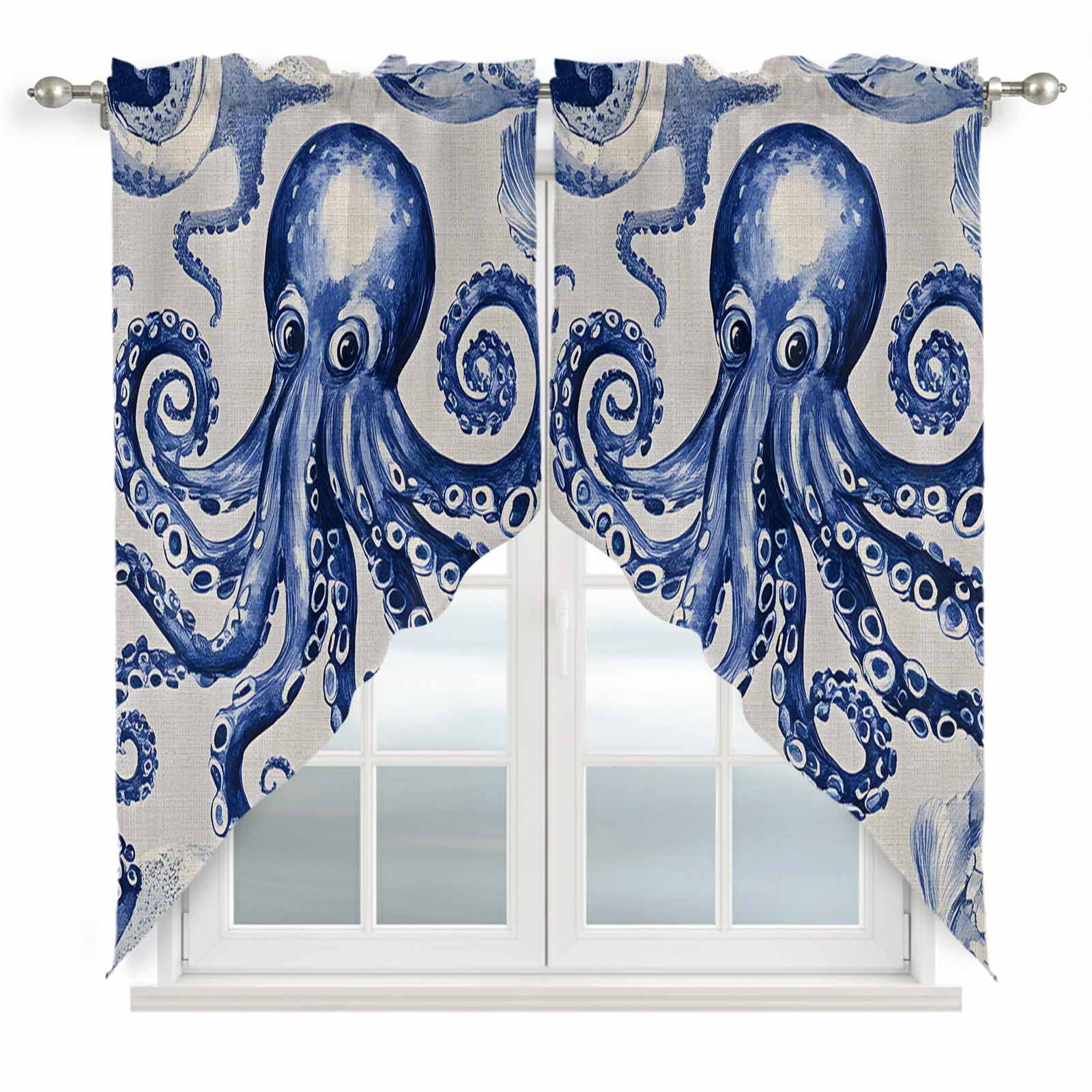 Blue Octopus Swag Curtain Valance for Window 2 Panels Ocean Coral Shell ...