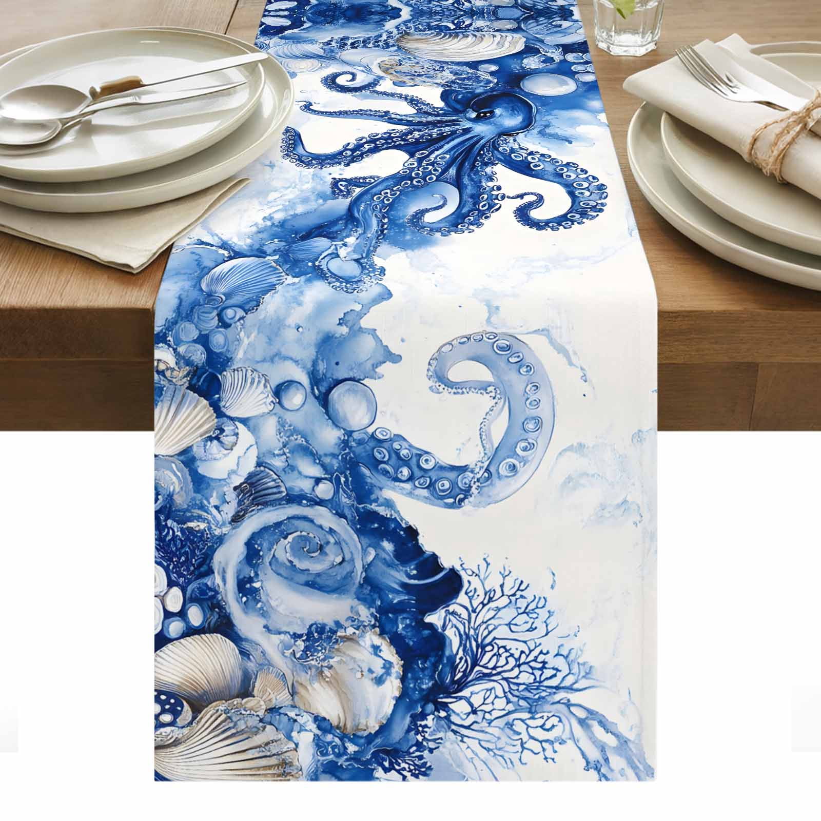 Blue Octopus Table Runner 13 x 120 Inch, Watercolor Marine Animal Coral ...