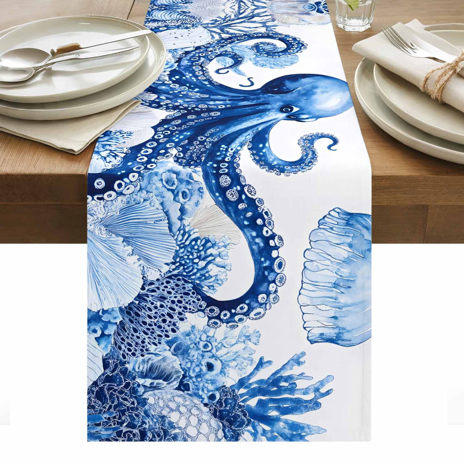 Blue Octopus Table Runner 13 x 48 Inch, Marine Animal Coral Shell ...