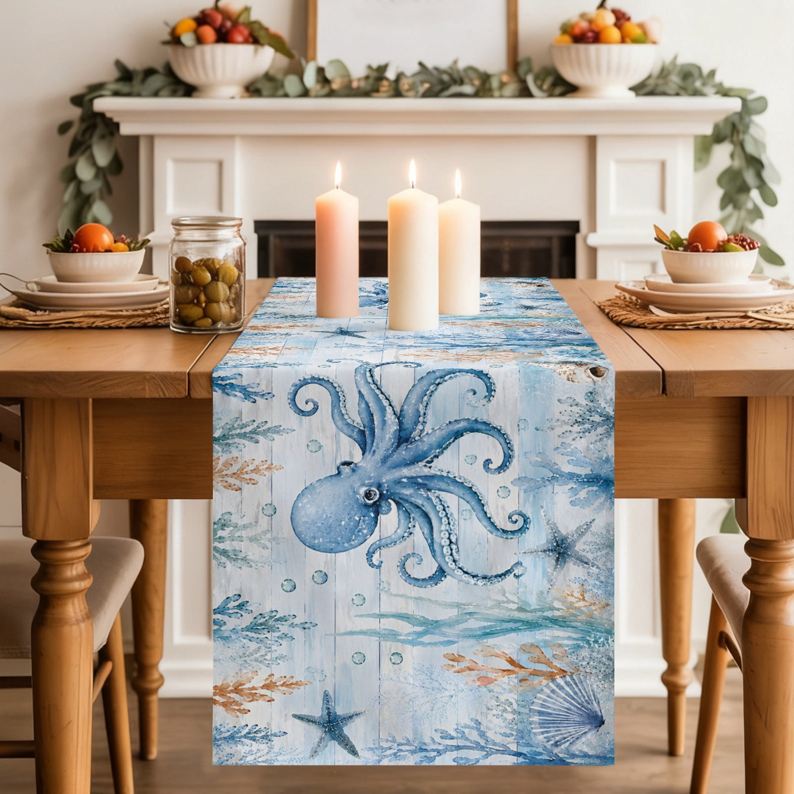 Blue Octopus Table Runner 13x60 Inch Nautical Coastal Shell Bubble Wood ...
