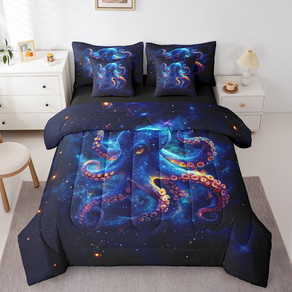 Blue Octopus Twin 7 Pieces Bedding Set Galaxy Decor Glitter Comforter ...