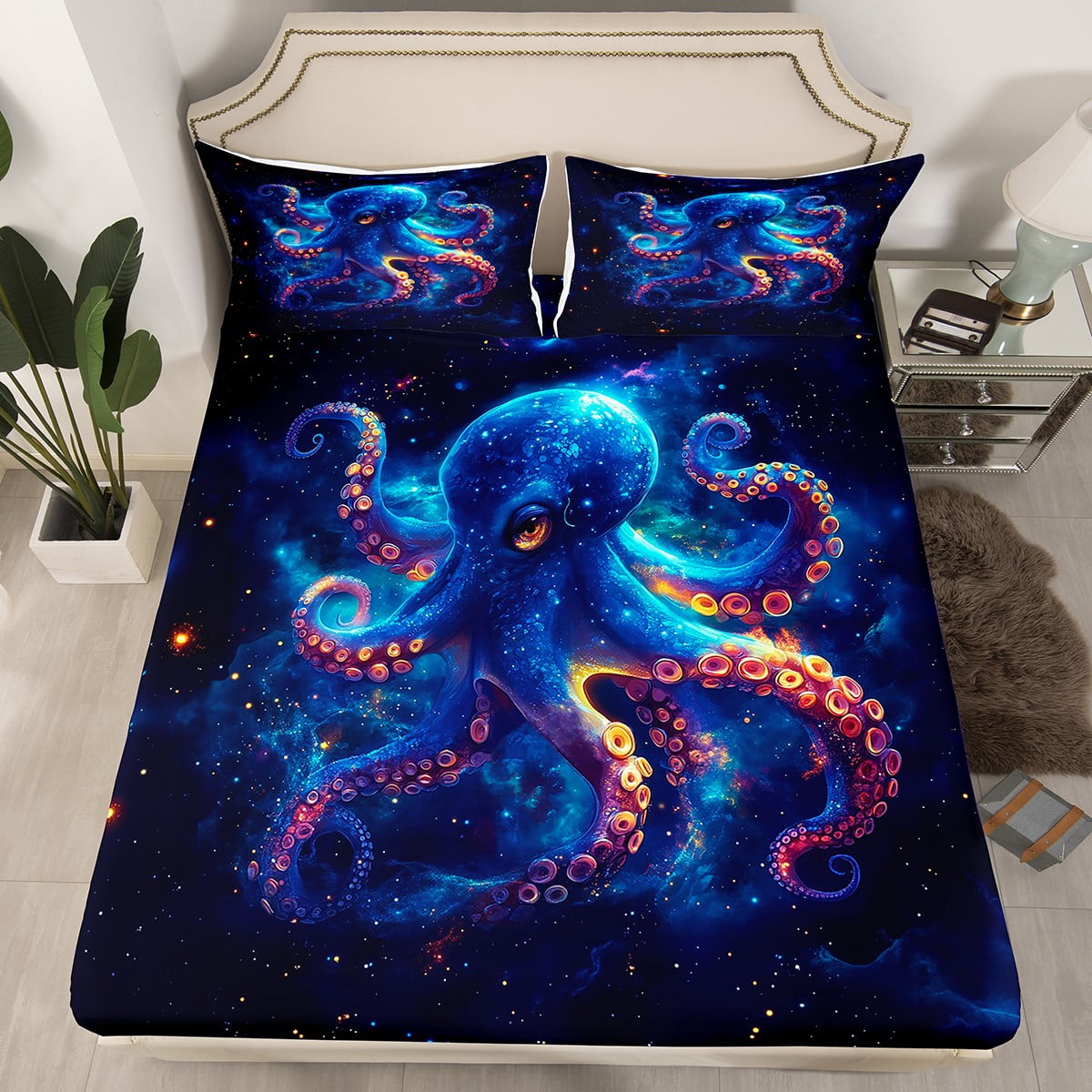 Blue Octopus Twin Bed Sheets Galaxy Decor Glitter Fitted Sheet,Coastal ...