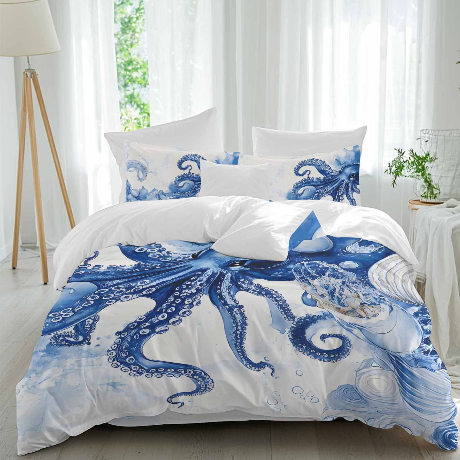 Blue Octopus Twin Duvet Cover Set, Watercolor Marine Animal Coral Shell ...