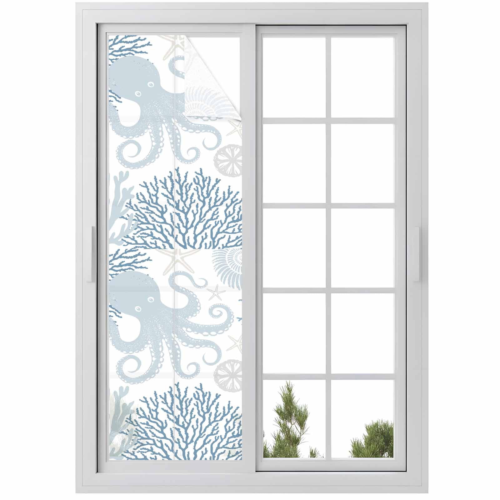 Blue Octopus Window Privacy Film Ocean Starfish Shell Coral Marine Life ...