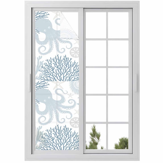 Blue Octopus Window Privacy Film Ocean Starfish Shell Coral Marine Life ...