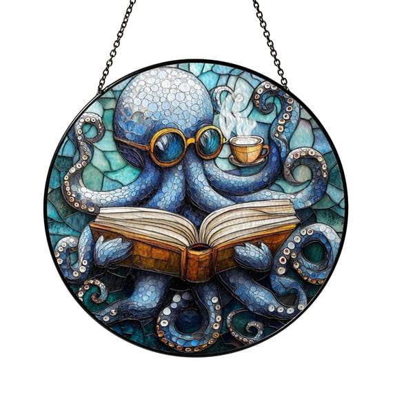 Blue Octopus With Book Stained Glass Style Window Suncatcher, Ocean ...