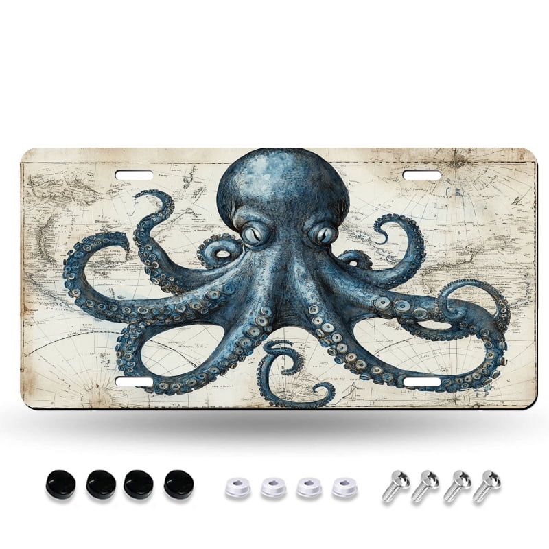 Blue Octopus on Map of the World License Plate Frame, Decorative ...