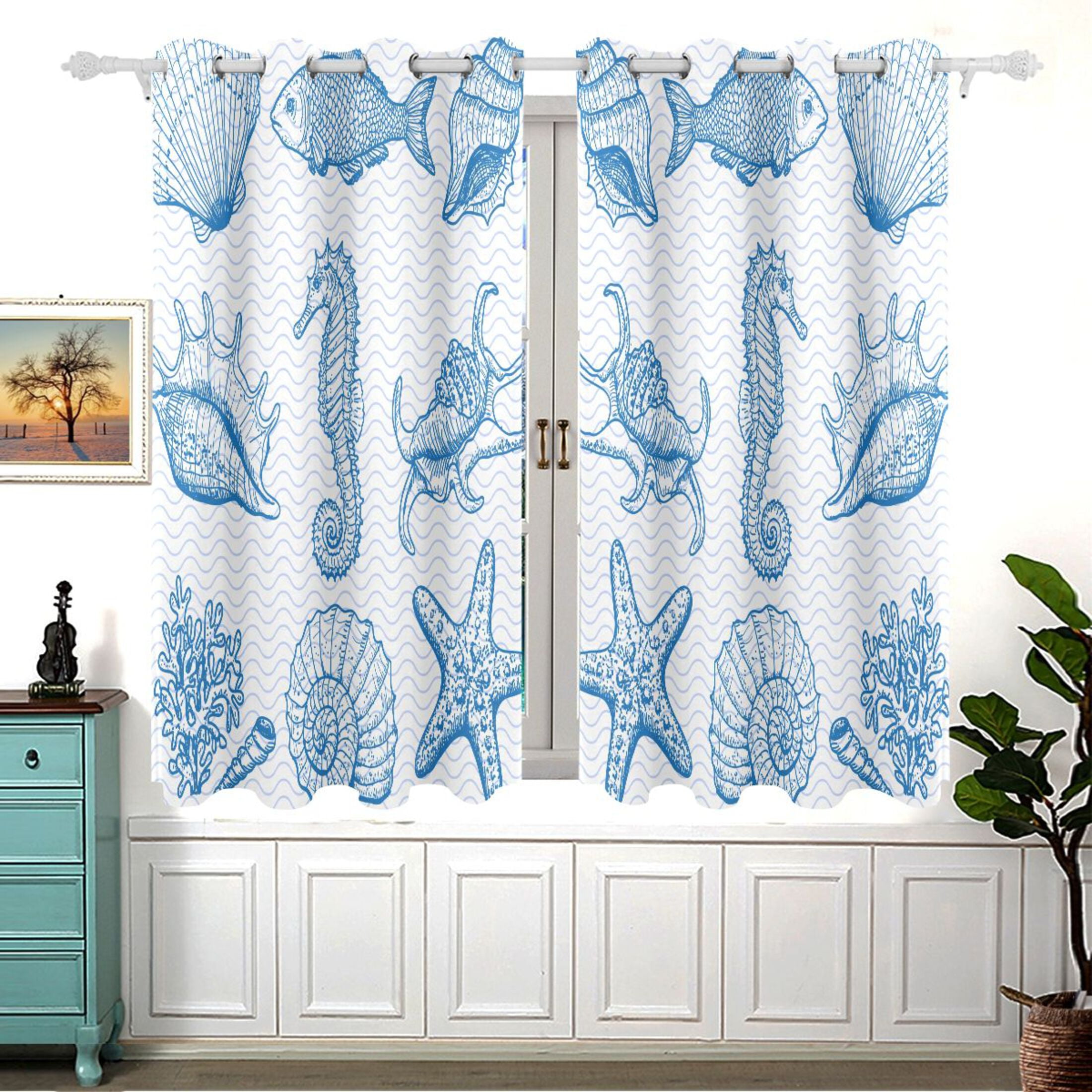 Blue Of Sea Shells Blackout Curtains Window Grommet Insulated Curtain ...