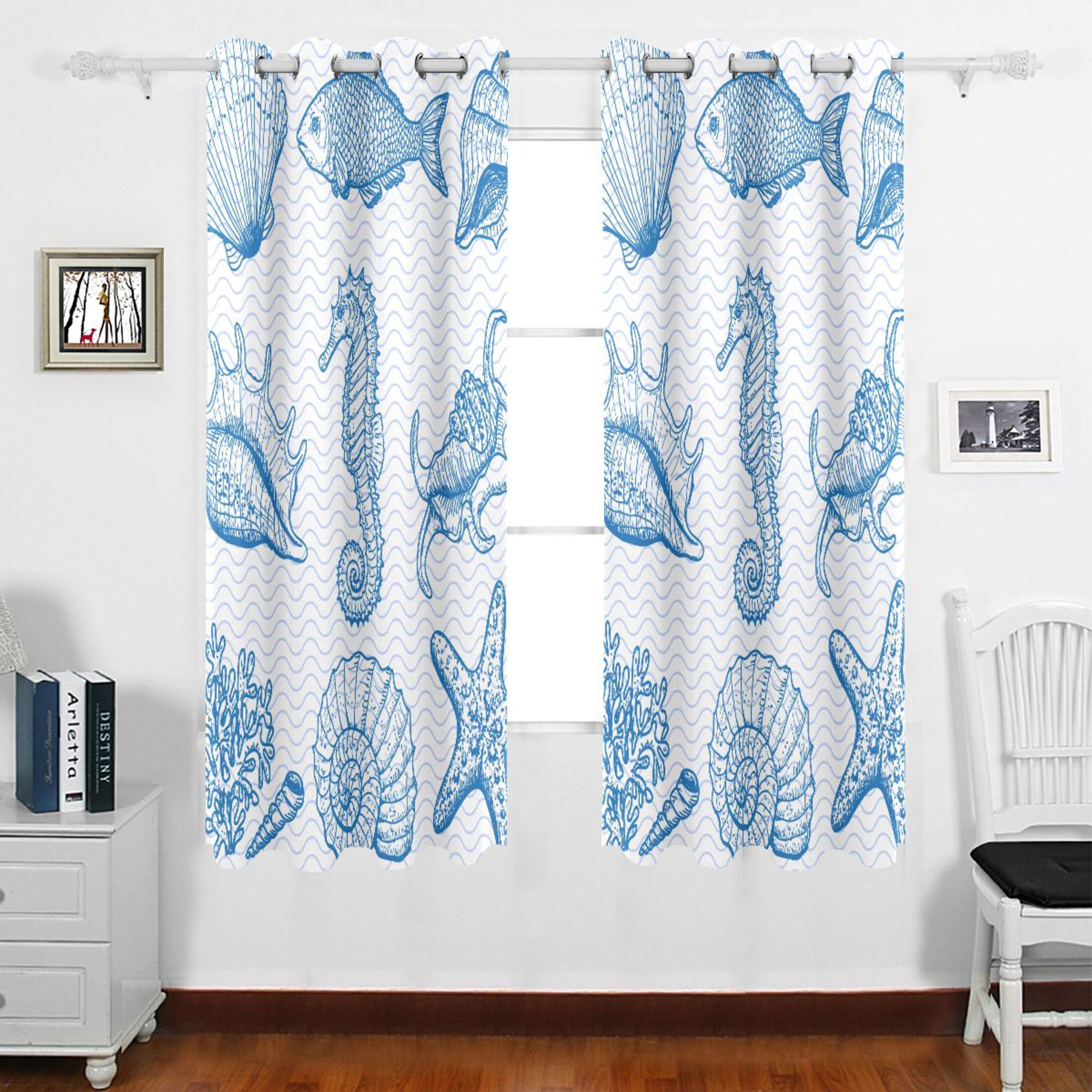 Blue Of Sea Shells Grommet Blackout Curtains Thermal Insulated Window ...
