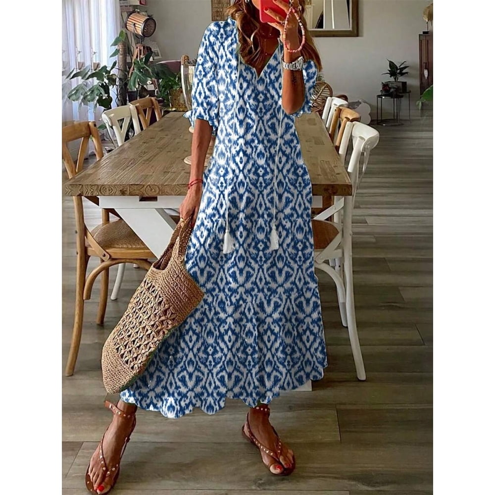 Blue Off-Center Print Bohemian Woven Maxi Dress: Casual Spring Summer ...