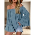 Blue Off Shoulder Blouse With Long Ruffled Bell Sleeves Loose Casual ...