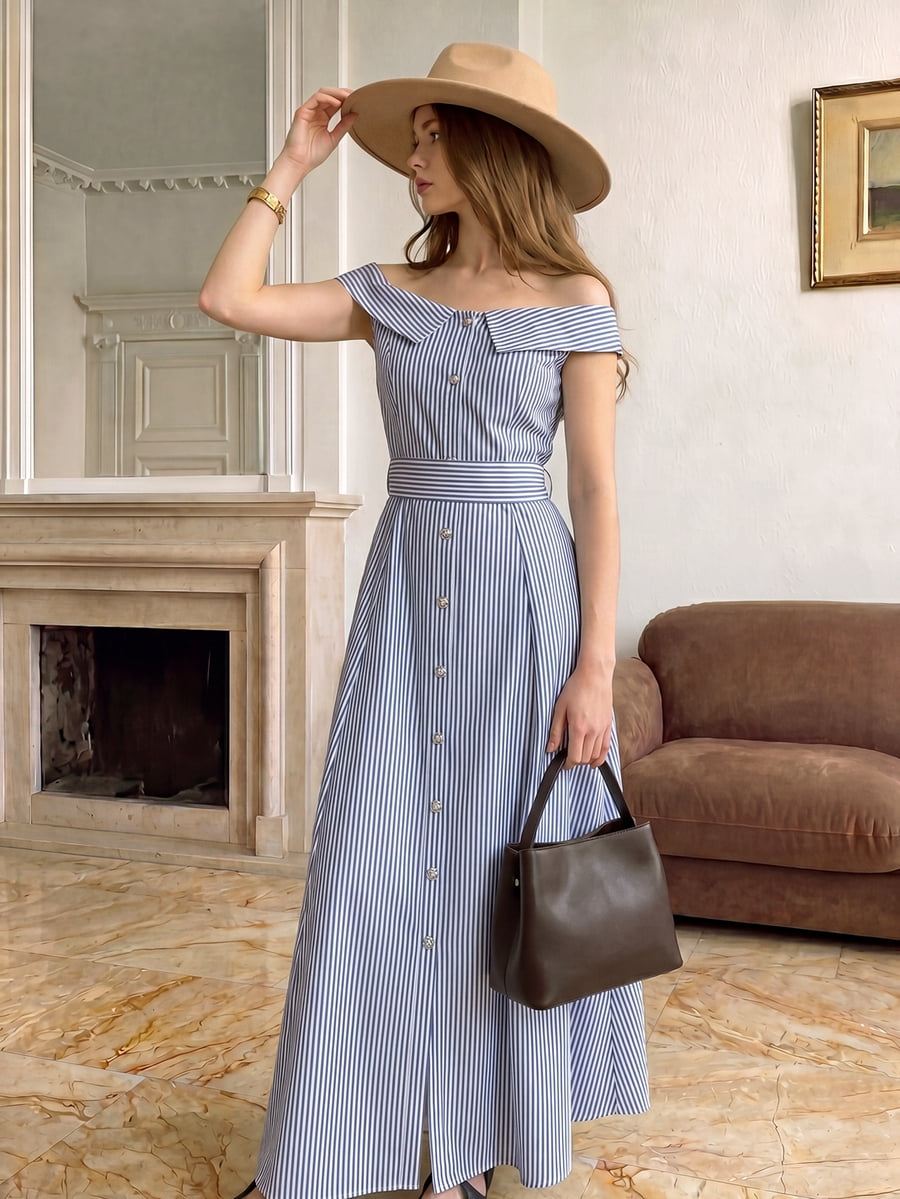 Blue Off-Shoulder Collared Striped A-Line Maxi Dress With Front Buttons ...