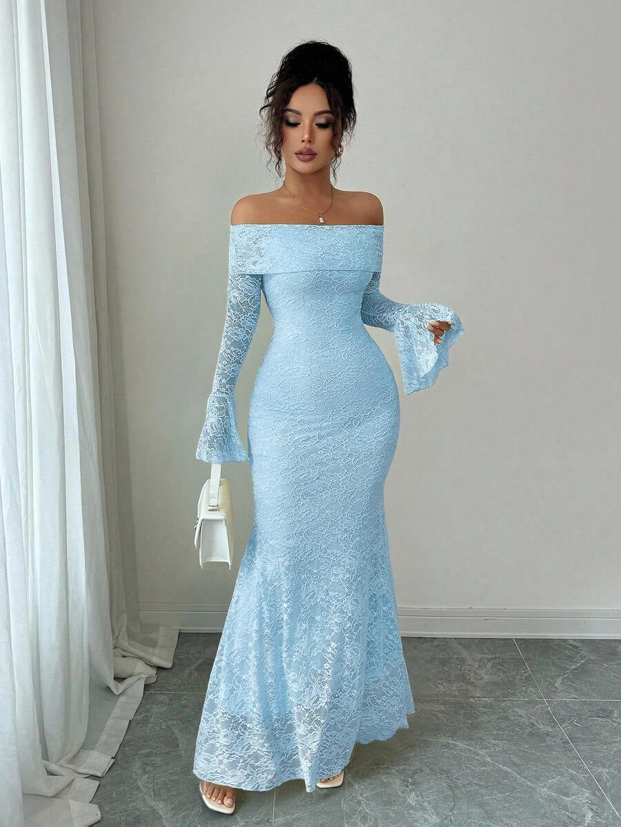 Blue Off Shoulder Lace Mermaid Midi Dress With Flared Bell Sleeves For ...