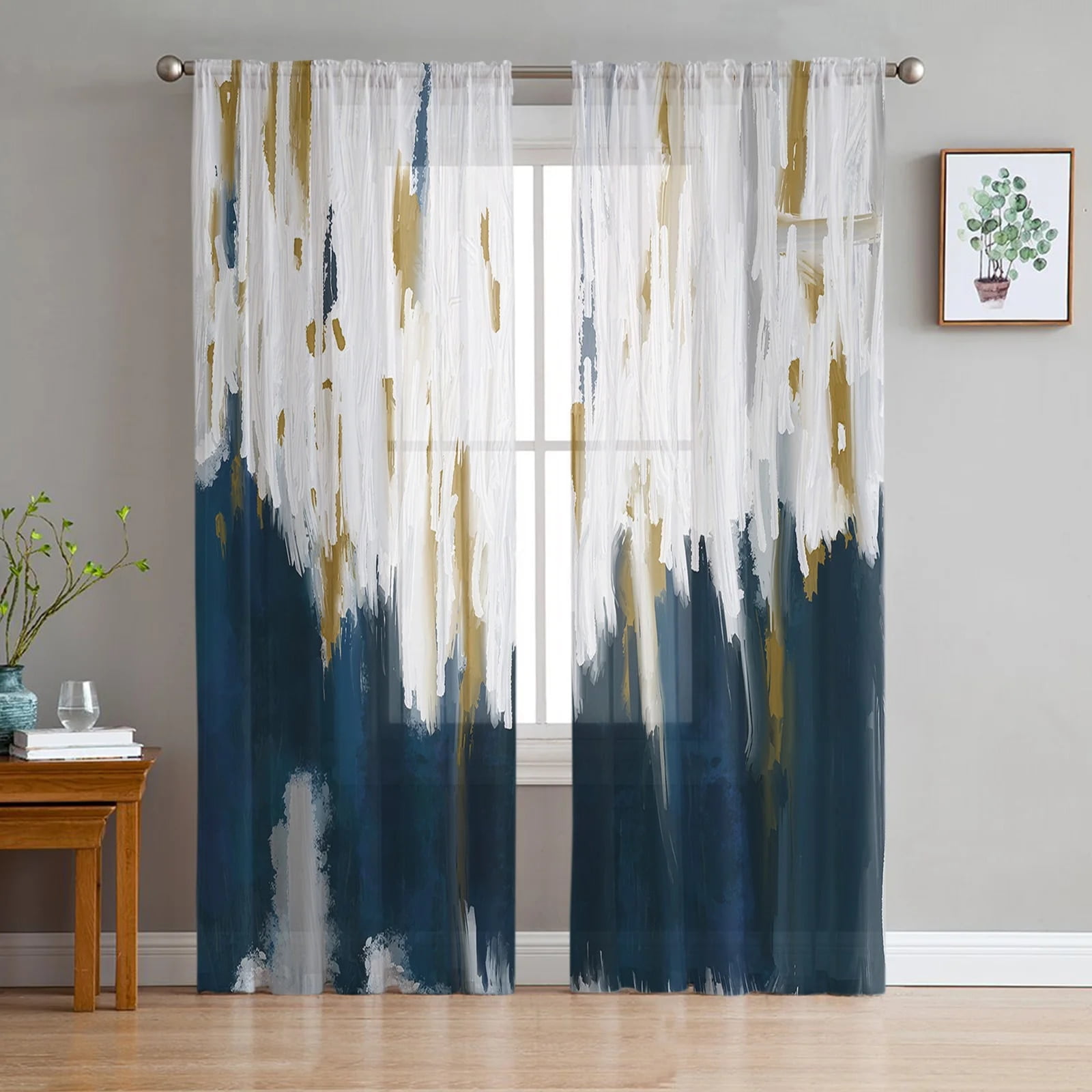 Blue Oil Painting Abstract Texture Voile Curtains Bedroom Tulle Window ...