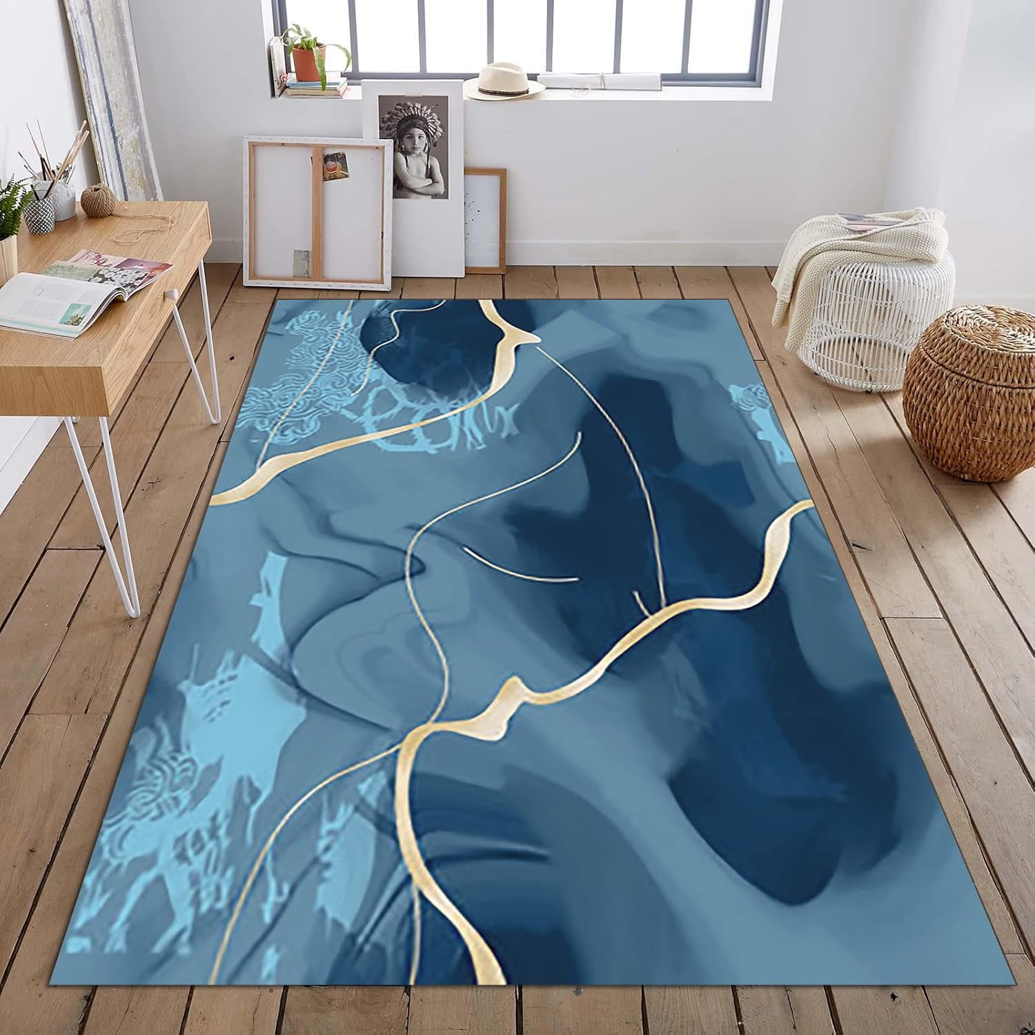 Blue Oil Painting Art Non-Slip Mat, Golden Line Strip Rug, 3D Carpet ...