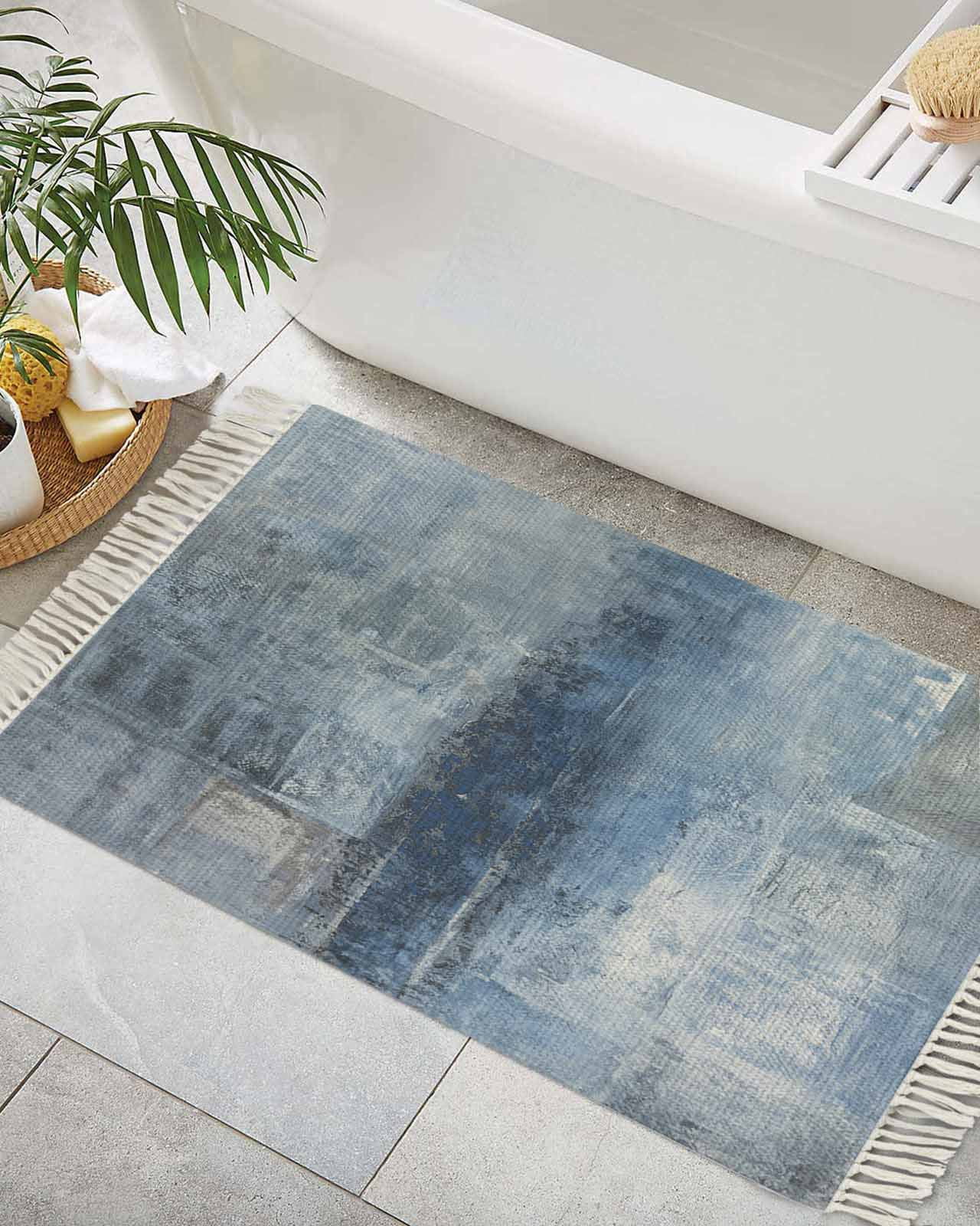 Blue Oil Painting Bath Rug 2x3ft Woven Bathroom Entryway Runner Rug ...