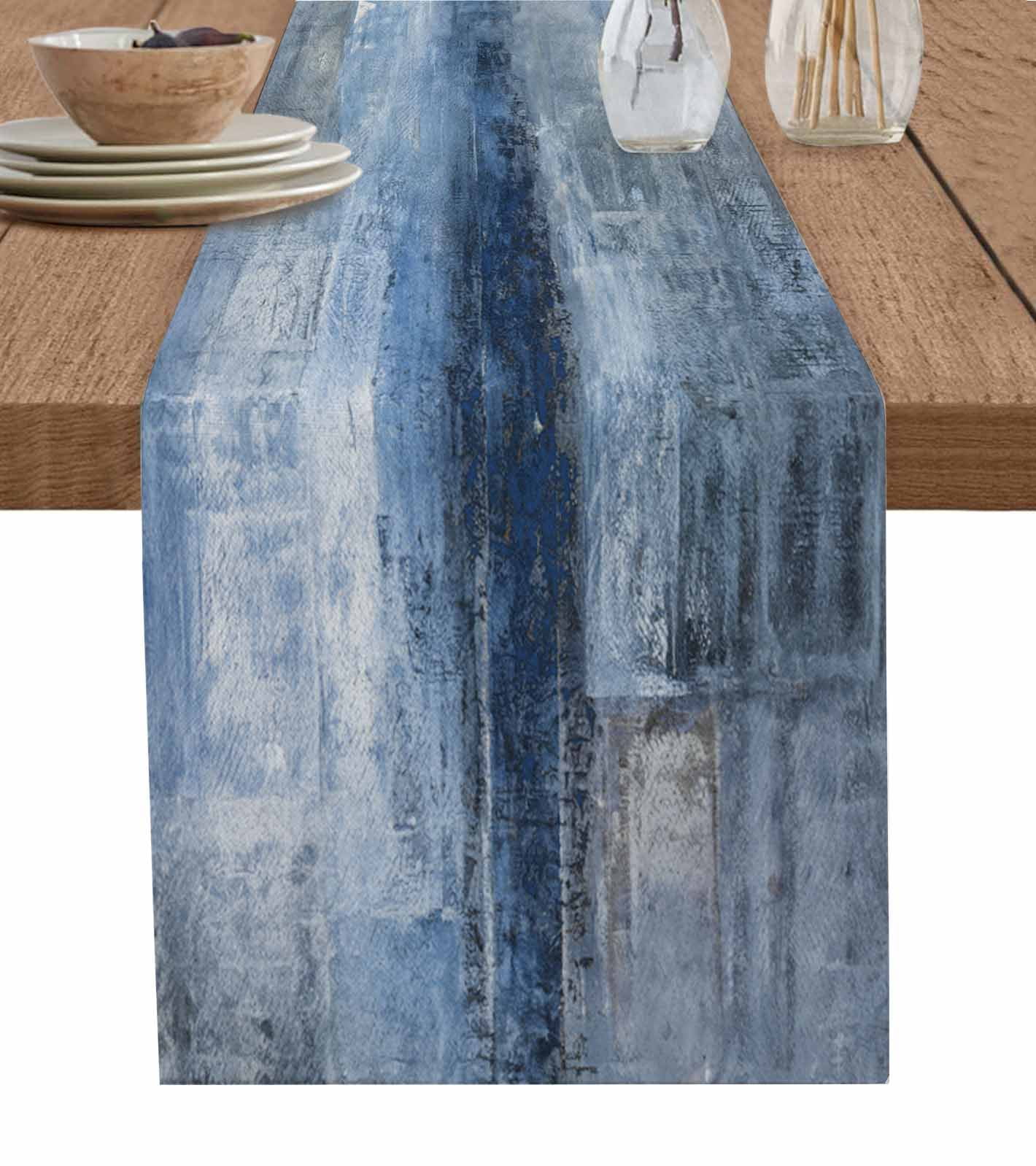 Blue Oil Painting Burlap Cotton Table Runner 16x72 Inches Long, Modern ...