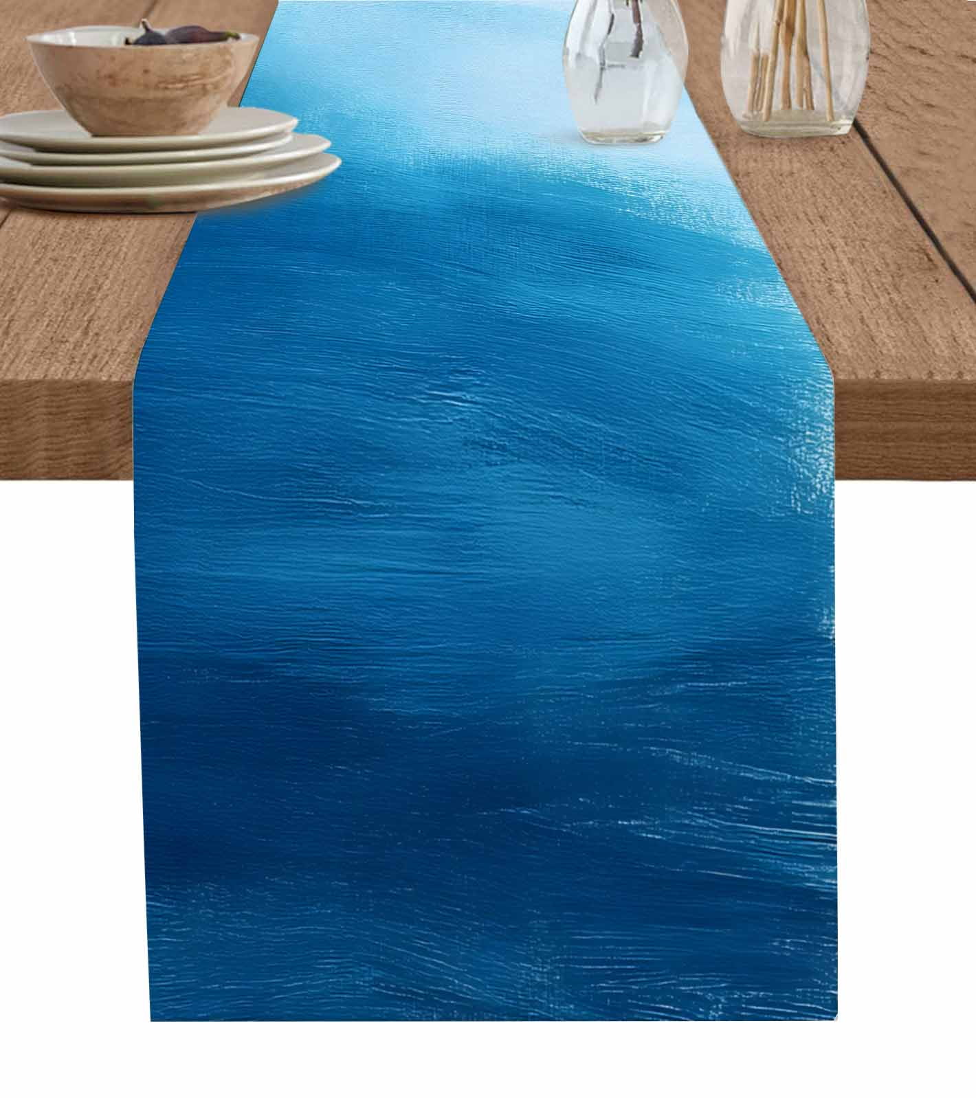 Blue Oil Painting Coastal Burlap Cotton Table Runner 13x36 Inches Short ...