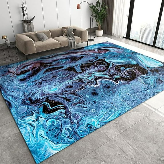 Blue Oil Painting Marble Area Rugs, Black Curved Fluid Art Swirl ...