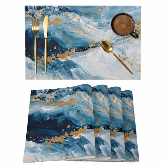 Blue Oil Painting Placemats Set of 12, Cotton Linen Fabric Place Mats ...