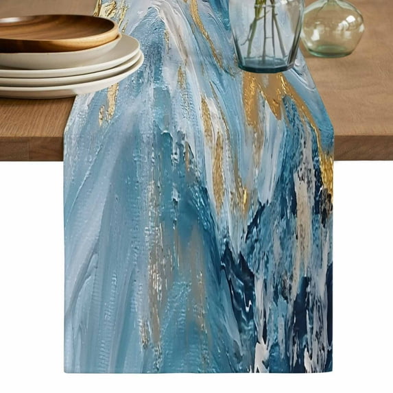 Blue Oil Painting Table Runner, Modern Marble Art Abstract Washable ...